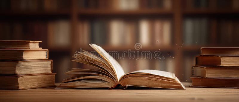 The Open Book Resting on a Table Surrounded by Vintage Bookshelves. AI ...