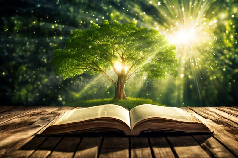 Mystic Tree Over Open Book with Glowing Light Stock Illustration ...