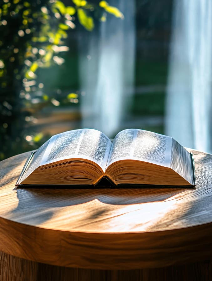 Open Book Resting on Wooden Table in Soft Light an Open Book Rests on a ...