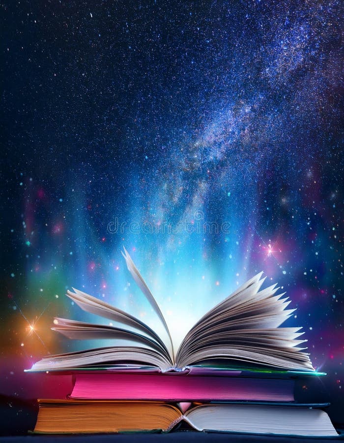 Open Book on Stacked Books Under Starry Sky Galaxy Dreamlike Stock ...