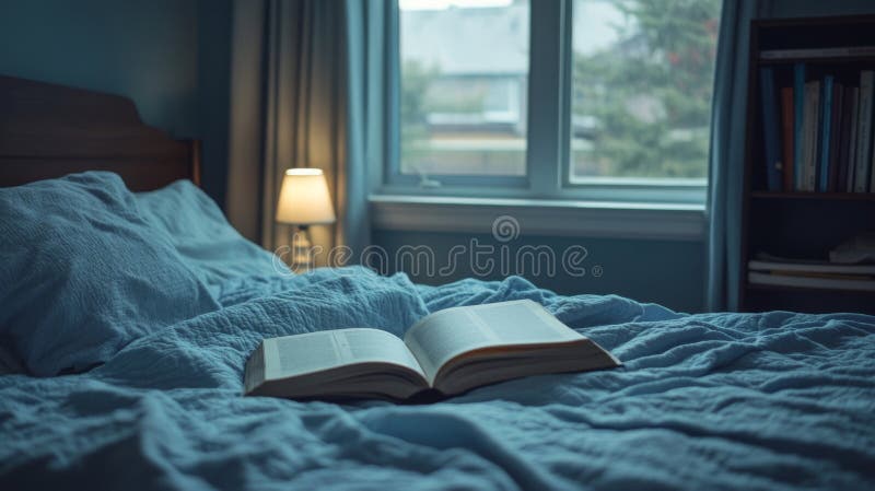 An Open Book Rests on a Bed Near a Candle, Creating a Serene Atmosphere ...