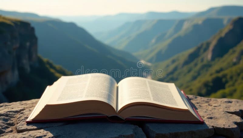 Open Book Rests on Cliff Edge, Valley Panorama, Education, Stone Stock ...