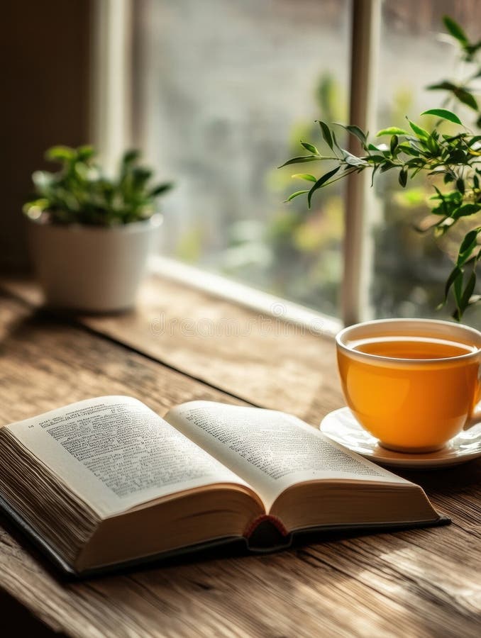 Cozy Wooden Table with an Open Book and a Warm Cup of Tea during a ...