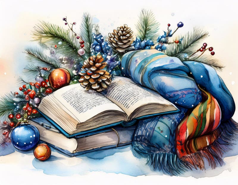 An Open Book Rests on a Stack of Books, Adorned with a Scarf, Pine ...