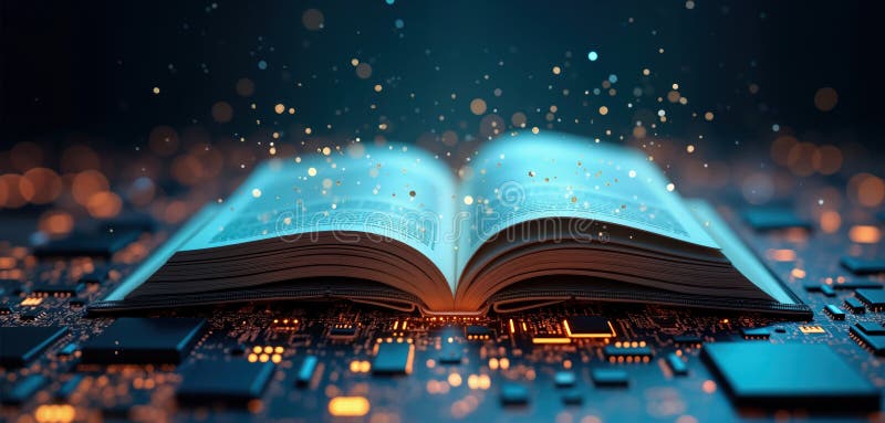 Open Book Rests on Tech Circuit Board. Digital Tech, Traditional Learning Methods. Knowledge ...