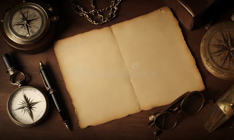 An Open Book Rests on a Wood Table with a Pen, Compass, Binoculars, and ...