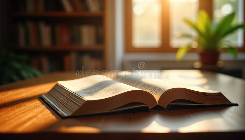 Open Book Rests on Wooden Table Illuminated by Sunlight. Interior ...