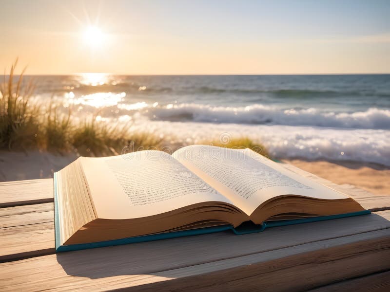 An Open Book Rests on a Wooden Table Overlooking the Ocean Waves at ...