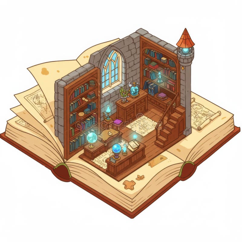 Open Book Revealing a Magical Library with Tower Stock Illustration ...