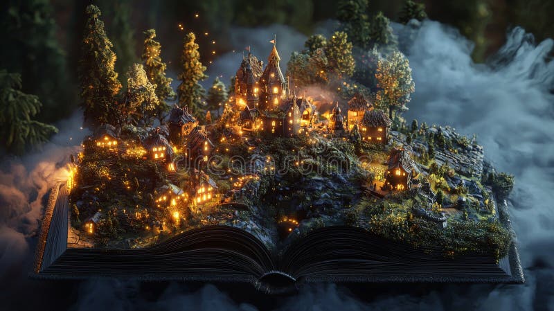 An Open Book Reveals an Enchanted Forest Village, Its Glow Casting a ...
