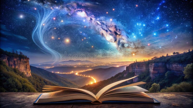 Open Book Reveals a Magical Night Sky Over Mountain Range. Generative ...