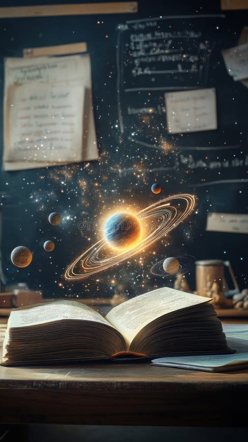 Open Book Reveals a Tiny Glowing Solar System Above on a School Desk ...