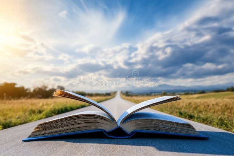 Open Book on Road with Cloudy Sky and Sunlight Symbolizing Journey and ...