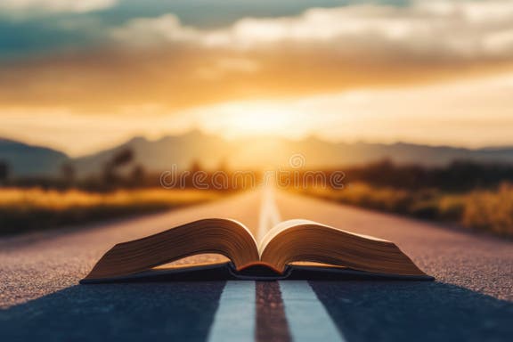 Open Book on Road during Sunset Symbolizing Journey and Knowledge Stock ...