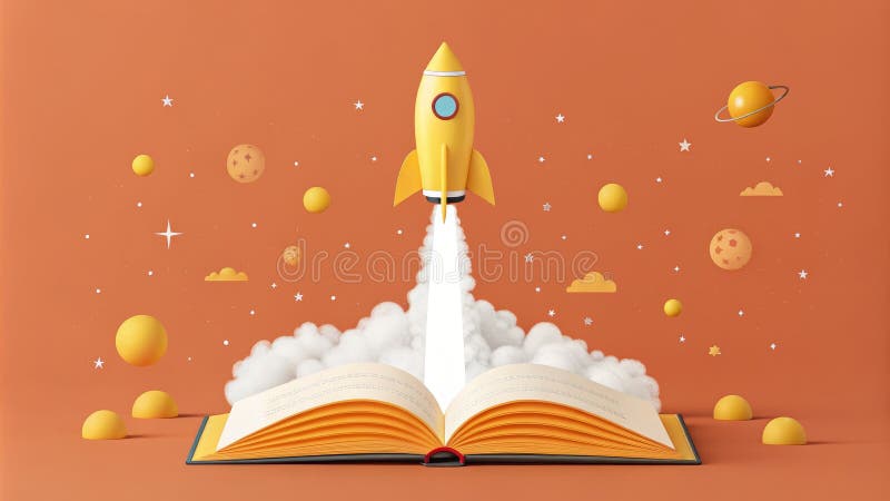Open Book Rocket Launch 3D Render, Yellow Spaceship Stock Illustration ...