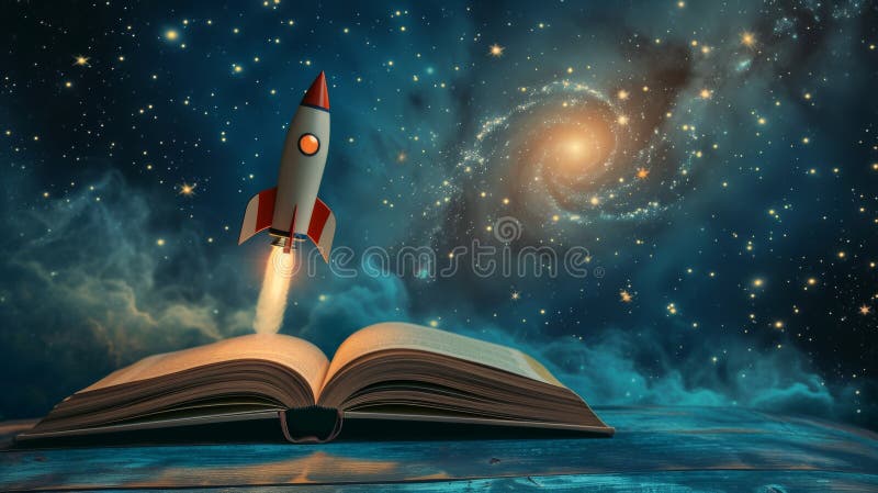 Open Book and Rocket Launched into Space Against Starry Sky with Galaxy ...