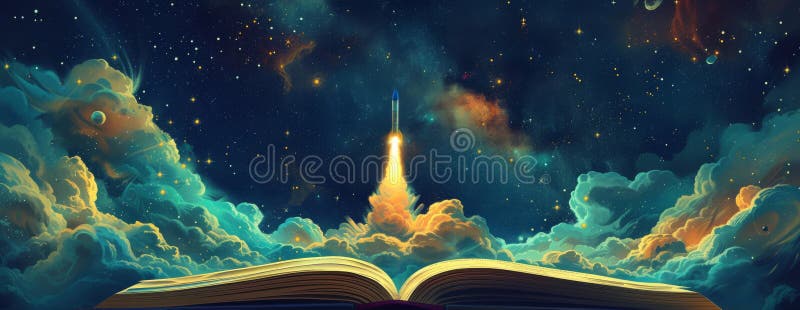 Open Book with Rocket Launching into Space, Imaginative Concept Stock ...