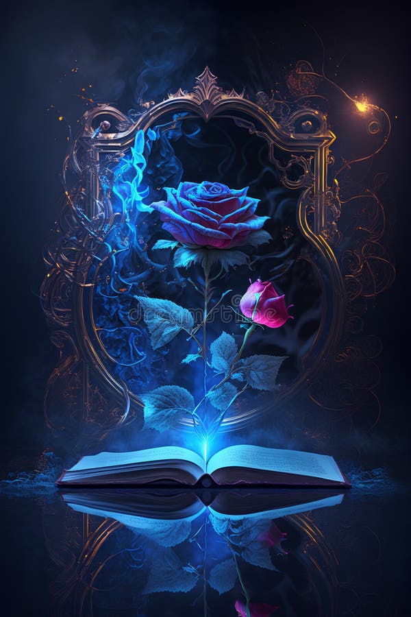 Open Book with a Rose and a Magic Frame on a Dark Background Stock ...