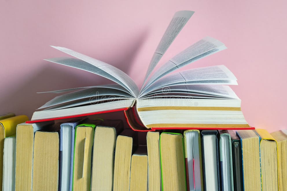 Open Book and Row of Different Books. Copy Space Stock Photo - Image of ...