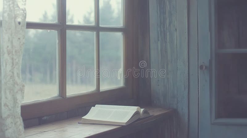 Open Book on Rustic Windowsill, Forest View, Quiet Room, Peaceful ...