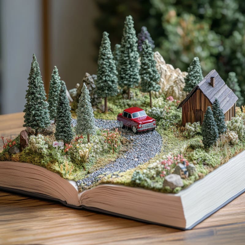An Open Book S Pages Display a Spreading Miniature Village Scene Stock ...
