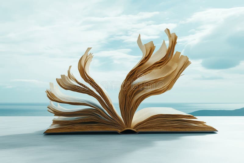 An Open Book S Pages Flutter in the Wind, Set Against a Tranquil Ocean ...