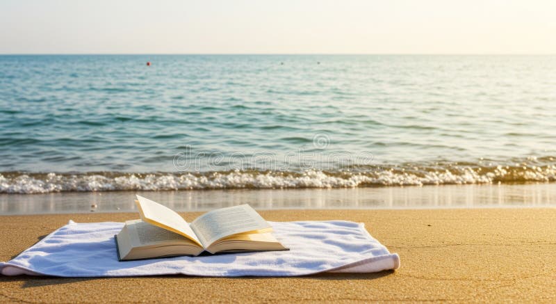 Open Book on Sandy Beach Near Ocean Stock Illustration - Illustration ...