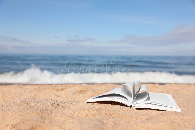 Open Book on Sandy Beach Near Sea. Space for Text Stock Image - Image ...
