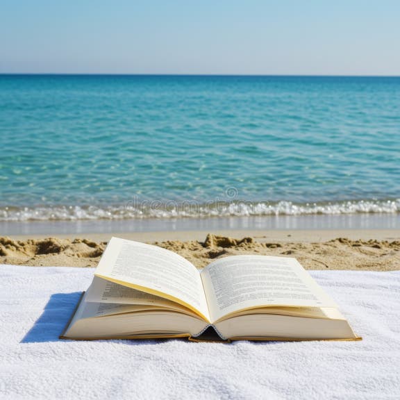 Open Book on Sandy Beach with Ocean View Stock Illustration ...