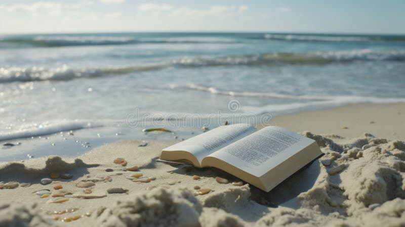 Open Book on Sandy Beach with Ocean Waves in the Background, Serene ...