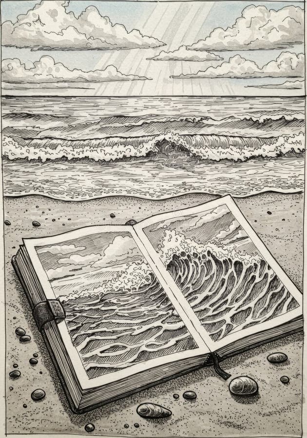 Open Book on Sandy Beach with Ocean Waves Drawing Stock Illustration ...