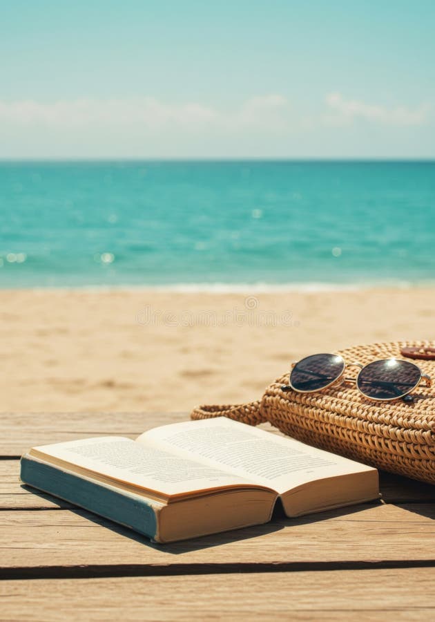 Open Book on Sandy Beach with Sunglasses and Bag Stock Illustration ...