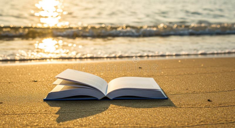 Open Book on Sandy Beach at Sunset Stock Illustration - Illustration of ...