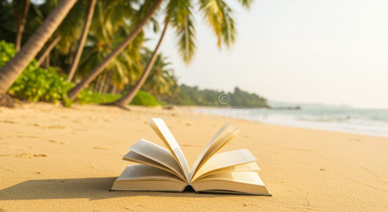 Open Book on Sandy Tropical Beach with Palm Trees Stock Illustration ...