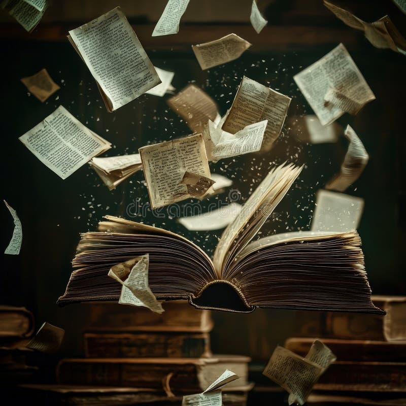 Open Book with Scattered Pages in Motion Stock Image - Image of paper ...