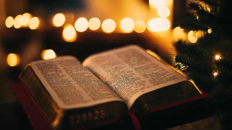 An Open Book of Scripture beside Glowing Lights Stock Photo - Image of ...