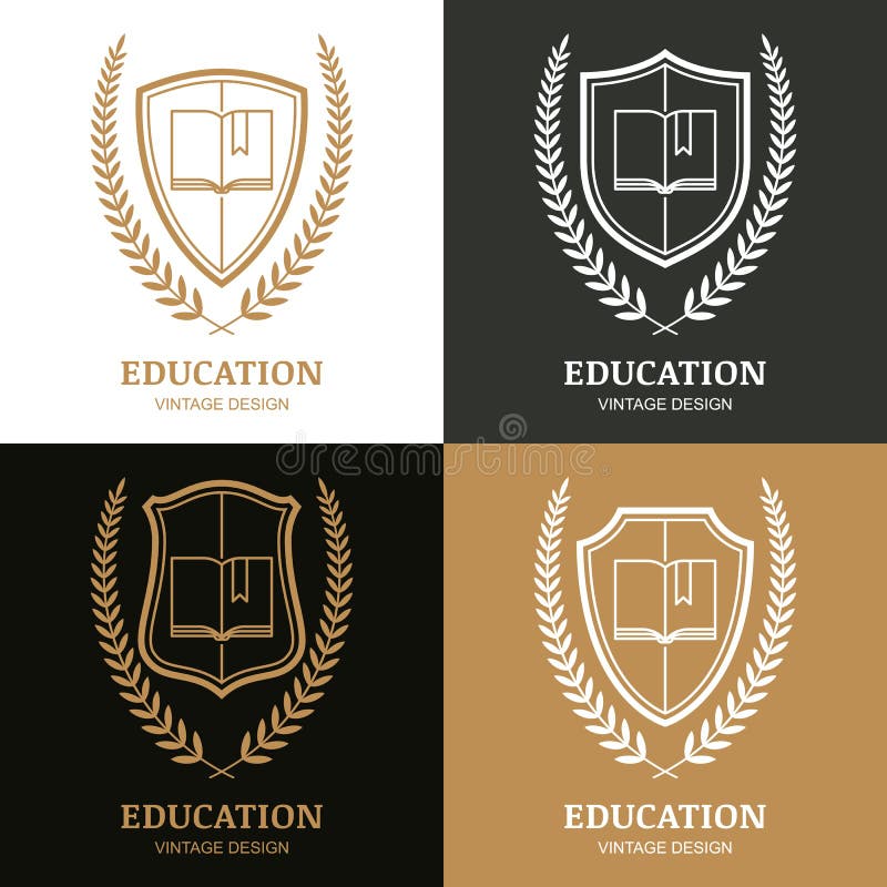 Open Book, Shield and Laurel Wreath Linear Symbol. Stock Vector ...