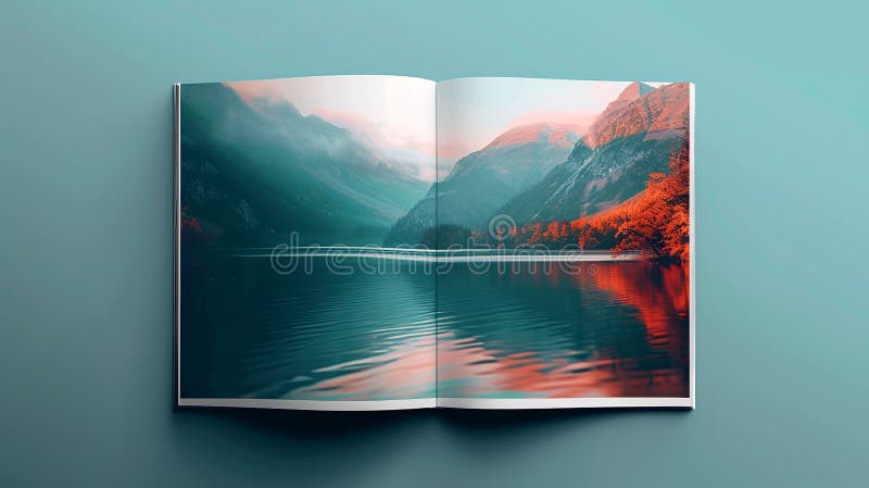 Open Book Showing Mountain Lake at Sunset Stock Illustration ...