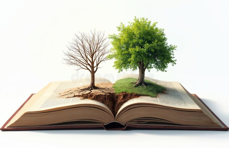 Open Book Shows Comparison of Live and Dead Tree on Clean White ...