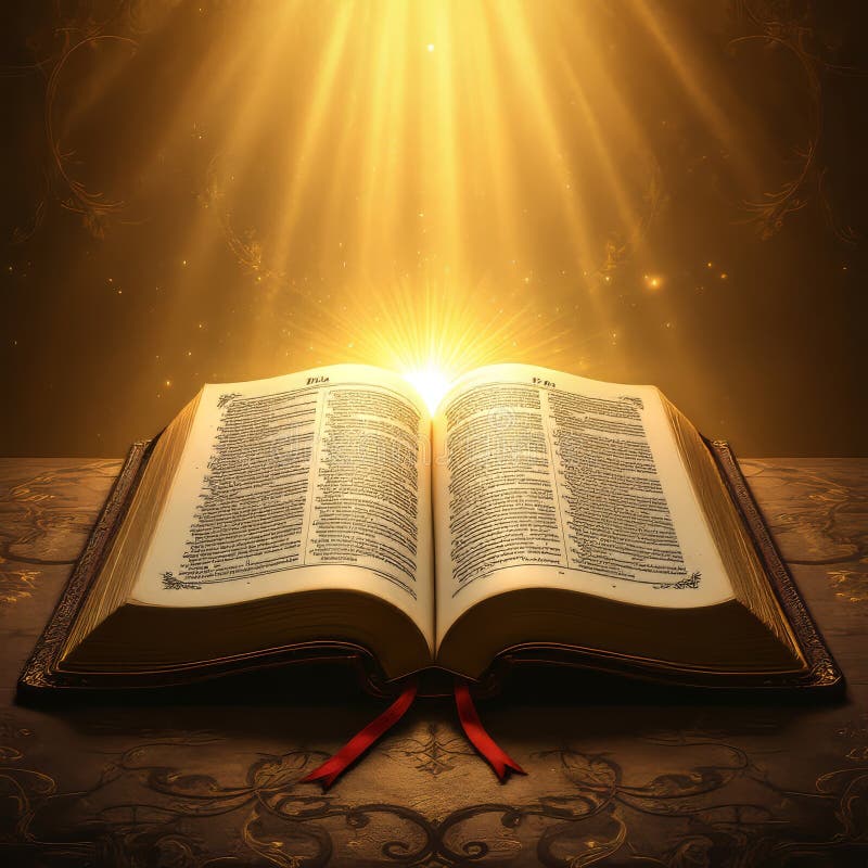 Open Book with Radiant Light Shining from Pages on Ornate Surface Stock ...