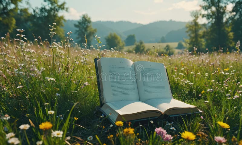 An Open Book Sits on the Grass in a Field. Stock Illustration ...