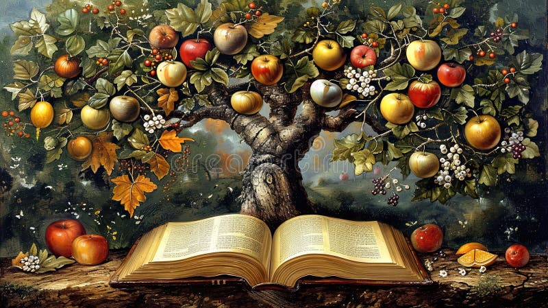 An Open Book Sits on a Table Next To a Tree with Leaves and Berries ...