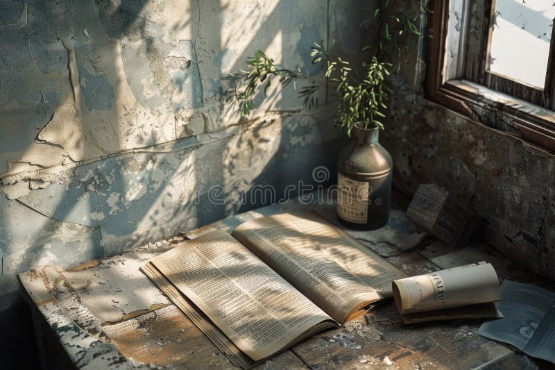 An Open Book Sits on a Wooden Table, Perfect for Study or Reading Stock ...