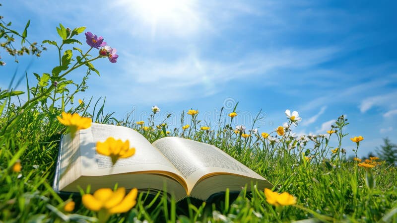 An Open Book Sitting in a Field of Flowers with the Sun Shining, AI ...
