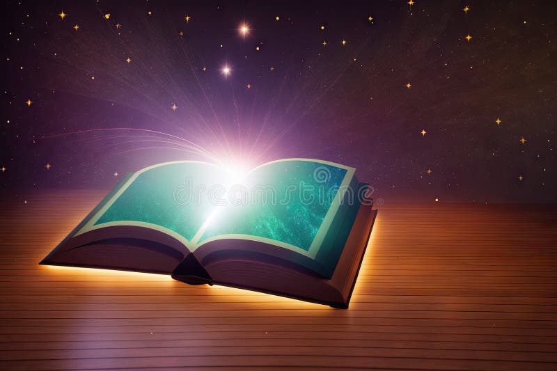 An Open Book Sitting on Top of a Wooden Table, Magical Sparkling ... An Open Book Sitting on Top of a Wooden Table, Magical Sparkling ...