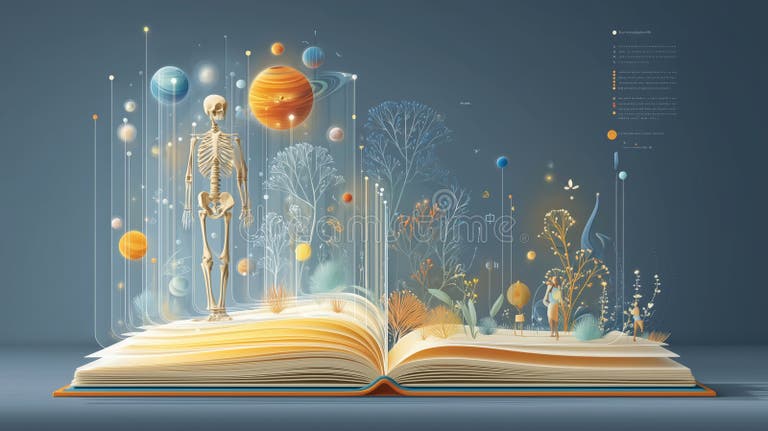 Open Book with Skeleton and Celestial Elements Stock Image - Image of ...
