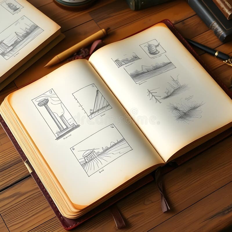 A Open Book with Sketches, on a Wooden Desk. Stock Illustration ...