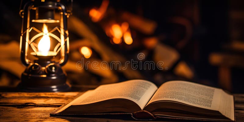 An Open Book with a Small Lantern beside it, Set Up for a Fireside ...