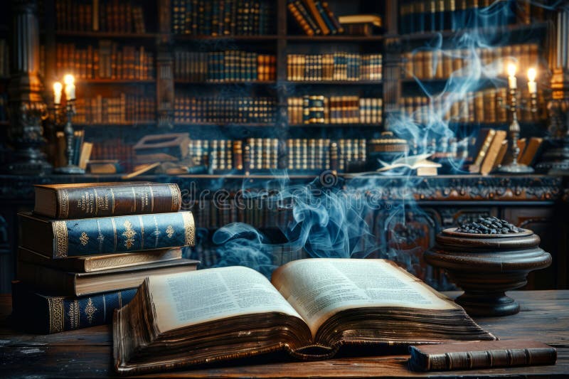 Open Book with Smoke Coming Out of it in a Library Stock Illustration ...