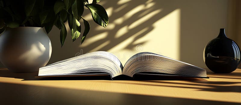 An Open Book on a Smooth Table with a Bright Light Casting Interesting ...